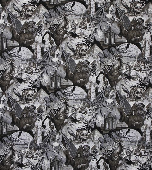 black-grey Alexander Henry gothic skull fabric with demons Fabric by ...