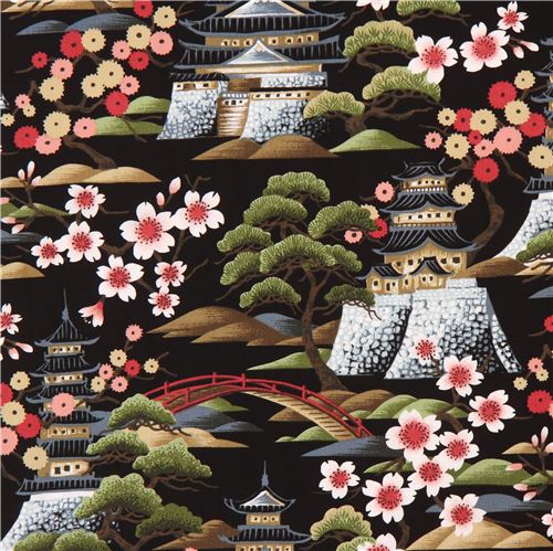 black stunning colorful flower temple fabric Fabric by Japanese Indie ...