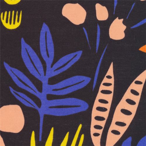 black with colorful leaf Cloud 9 organic cotton fabric Yucca Fabric by ...