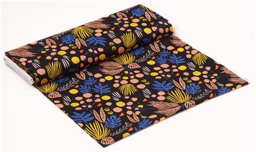 black with colorful leaf Cloud 9 organic cotton fabric Yucca Fabric by ...