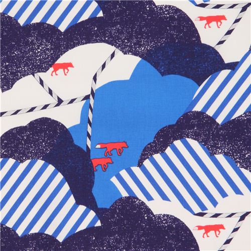 blue & white cloud fox animal cotton sateen glitter fabric Kokka Japan ...
