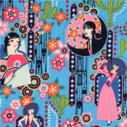 blue Alexander Henry fabric colorful women flower Fabric by Alexander ...