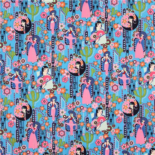 blue Alexander Henry fabric colorful women flower Fabric by Alexander ...