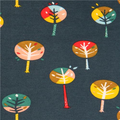 blue 'Happy Trees' colourful tree birch knit organic fabric USA Fabric ...