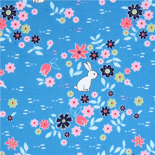 blue Michael Miller fabric white rabbit cute flower Bunny Tracks Fabric ...
