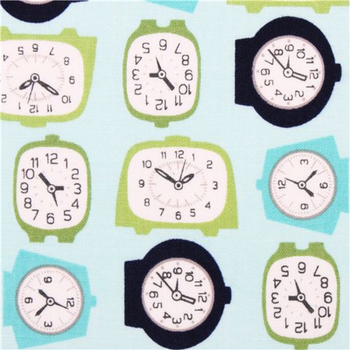 blue Riley Blake clock alarm clock retro fabric Fabric by Riley Blake ...