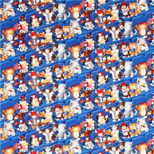 blue Timeless Treasures baseball fan cat animal fabric Fabric by ...