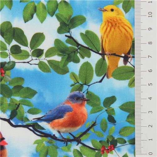 blue Timeless Treasures fabric with colorful birds - modeS4u