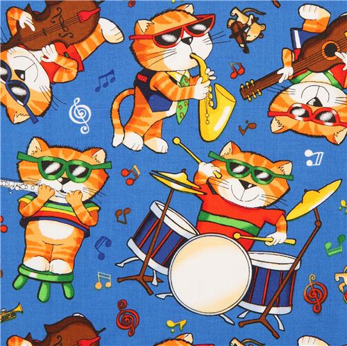 blue Timeless Treasures jazz music cat animal fabric Fabric by Timeless ...