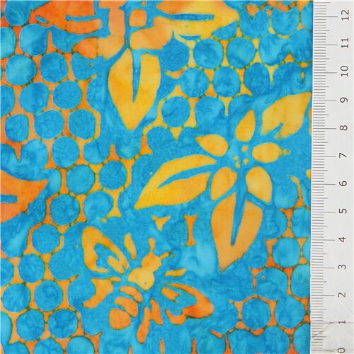 blue batik fabric with orange flowers insects by Robert Kaufman - modeS4u