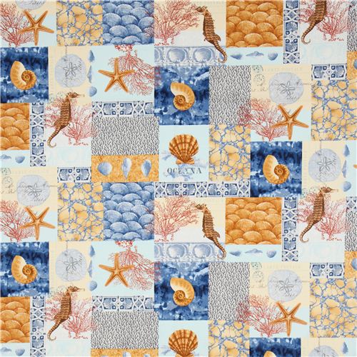 blue beach shell sea horse fabric by Timeless Treasures Fabric by ...