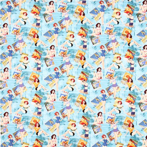 blue bikini pin up girls retro fabric by Timeless Treasures Fabric by ...