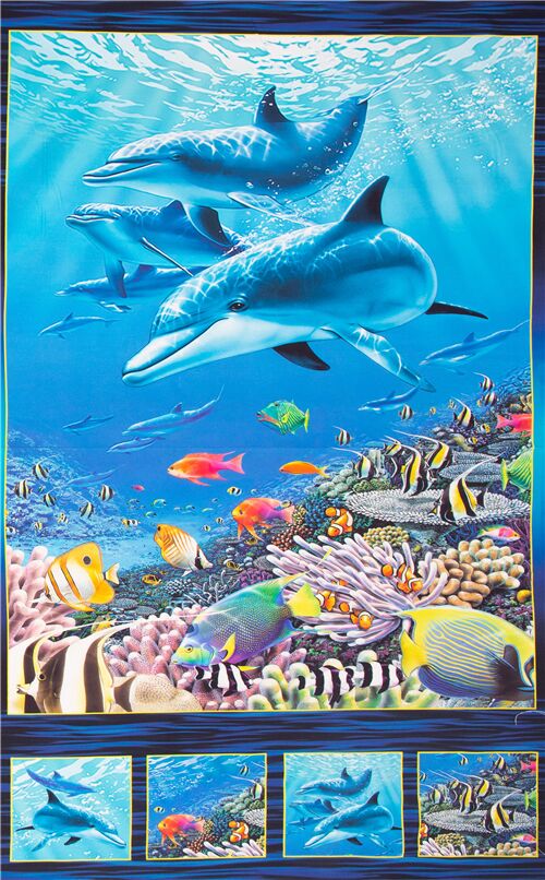 blue dolphin tropical fish panel fabric by QT Fabrics Fabric by ...