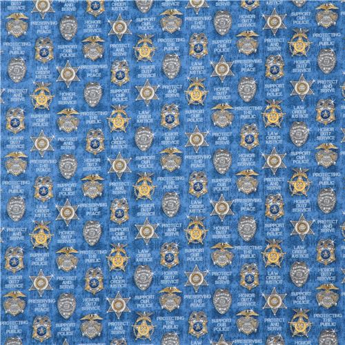 blue fabric with police badge text Quilting Treasures - modeS4u