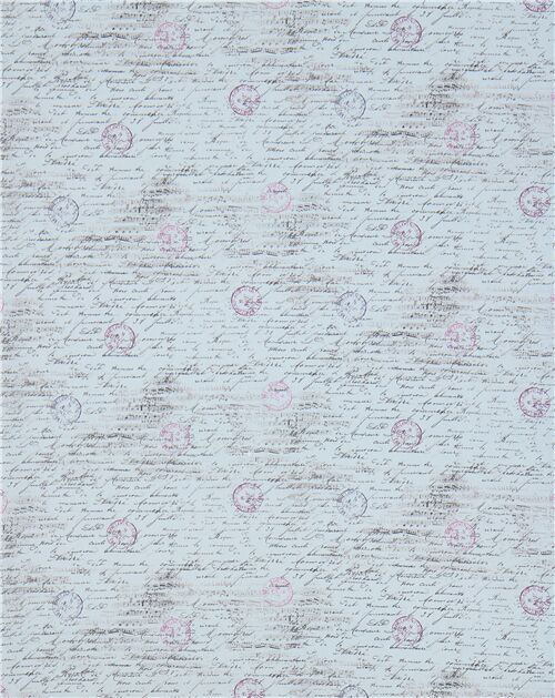blue fabric with retro cursive writing text by Michael Miller - modeS4u