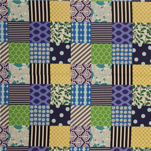 blue-green-black Patchwork piece echino laminate fabric Fabric by ...