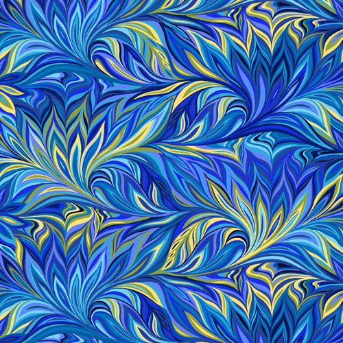blue green yellow leaf overlap pattern fabric by Henry Glass Fabric by ...