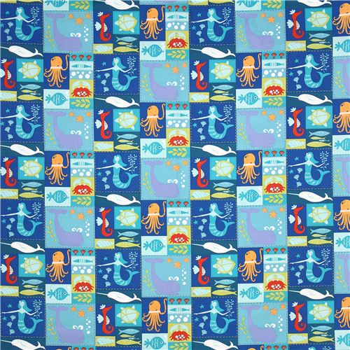 blue monaluna sea animal organic fabric sea life patchwork Fabric by ...