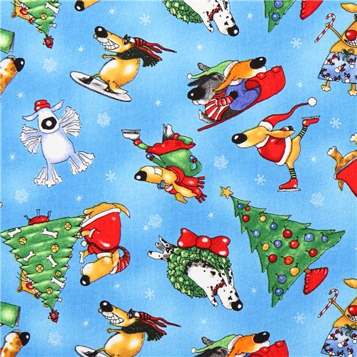 blue snowboard dogs Christmas animal fabric Elizabeth's Studio from the ...