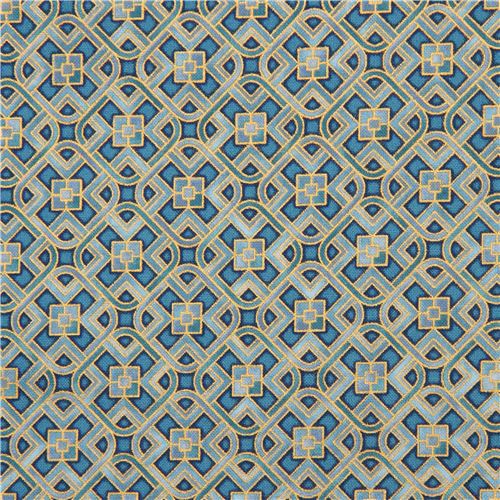 blue square pattern fabric gold metallic by Robert Kaufman USA Fabric ...