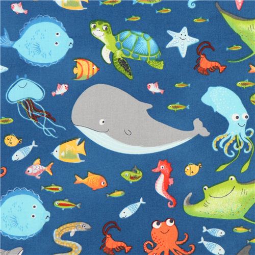 blue whale dolphin turtle sea animal fabric by Robert Kaufman USA ...