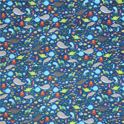 blue whale dolphin turtle sea animal fabric by Robert Kaufman USA ...