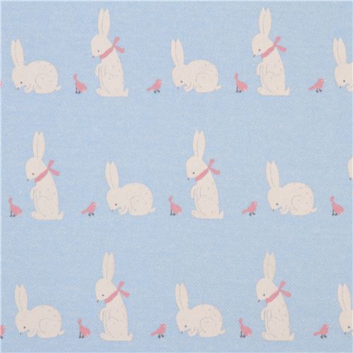 blue with cute off-white bunny rabbit pink bird one-side brushed knit ...