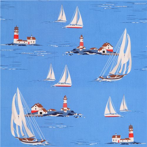 blue with white sailboat lighthouse Michael Miller fabric Windward ...
