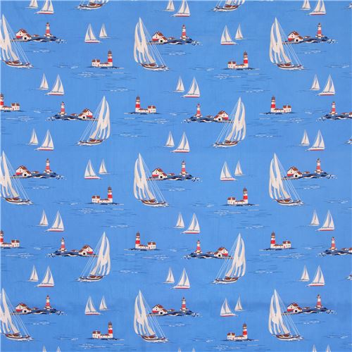 blue with white sailboat lighthouse Michael Miller fabric Windward ...