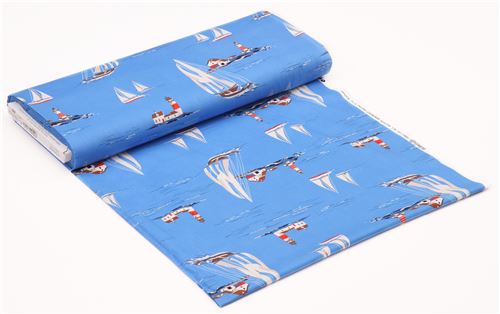 blue with white sailboat lighthouse Michael Miller fabric Windward ...