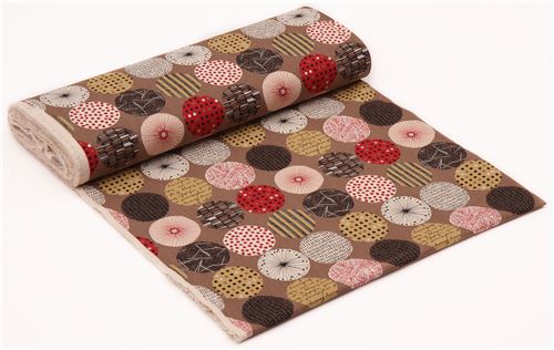 Brauner Lecien Canvas Stoff bunter Kreis silbermetallisch Fabric by ...