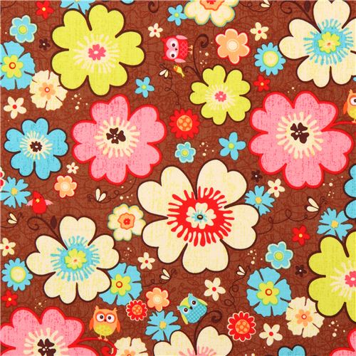 brown mini owls and flower fabric Riley Blake Happy Flappers Fabric by ...