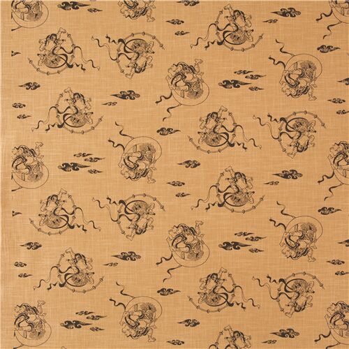 brown muraito Japanese fabric with yokai monster and clouds - modeS4u