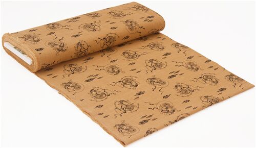 brown muraito Japanese fabric with yokai monster and clouds - modeS4u