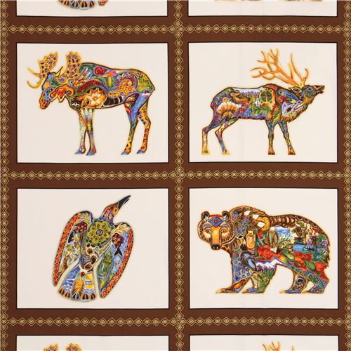 brown cream panel fabric colorful animal gold metallic by Robert ...