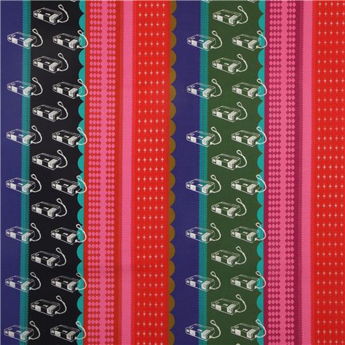 canvas fabric retro cameras stripes dark blue Kokka Japan Fabric by ...