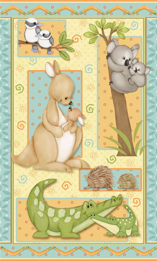colorful cute baby and parent animal panel fabric by Henry Glass - modeS4u
