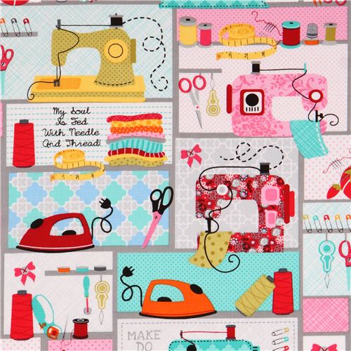 colorful fabric with sewing machine iron scissors Timeless Treasures ...