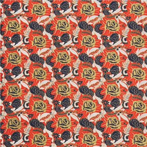 coral red rose flower gold glitter fabric by Timeless Treasures Fabric ...
