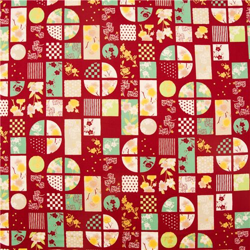 cotton Japan red fabric with window pane style floral patterns metallic ...