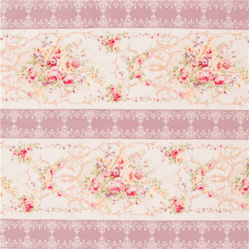 cotton off white Japan fabric with flowers and ornate flourishes purple ...