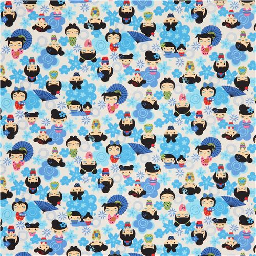 cream blue flower cute character flower anime fabric Manga fabric ...