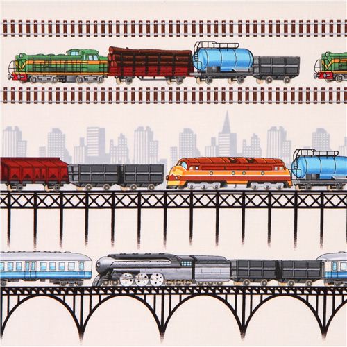 Tela crema franja tren mercancía puente ferrocarril Timeless Treasures ...