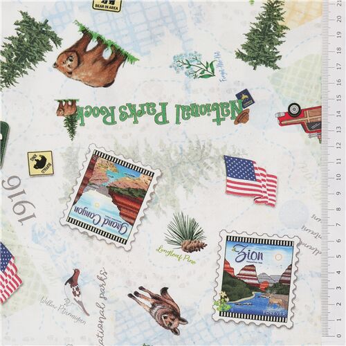 cream green USA National Parks signs fabric by Timeless Treasures - modeS4u