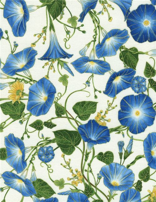 cream pretty blue yellow flower gold metallic fabric Timeless Treasures ...