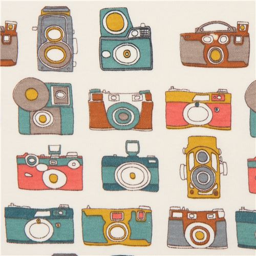 cream with colorful camera birch knit organic fabric USA Fabric by ...
