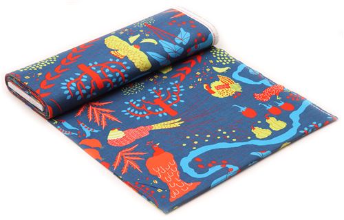 dark blue Canvas fabric colorful bird tree leaf Kokka Japan - modeS4u