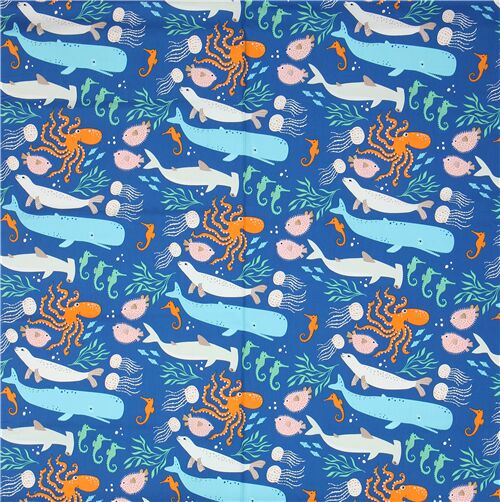 dark blue sea animal fabric with whales by Alexander Henry - modeS4u