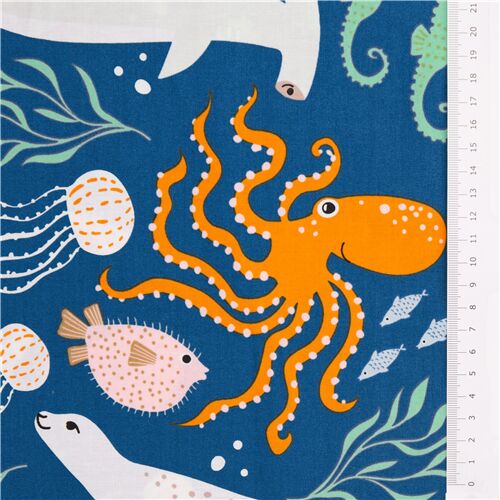 dark blue sea animal fabric with whales by Alexander Henry - modeS4u