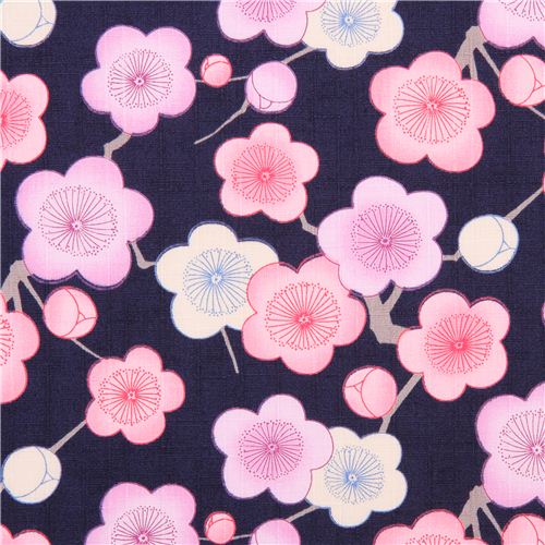 dark blue structured Japanese flowers twigs dobby fabric from Japan ...